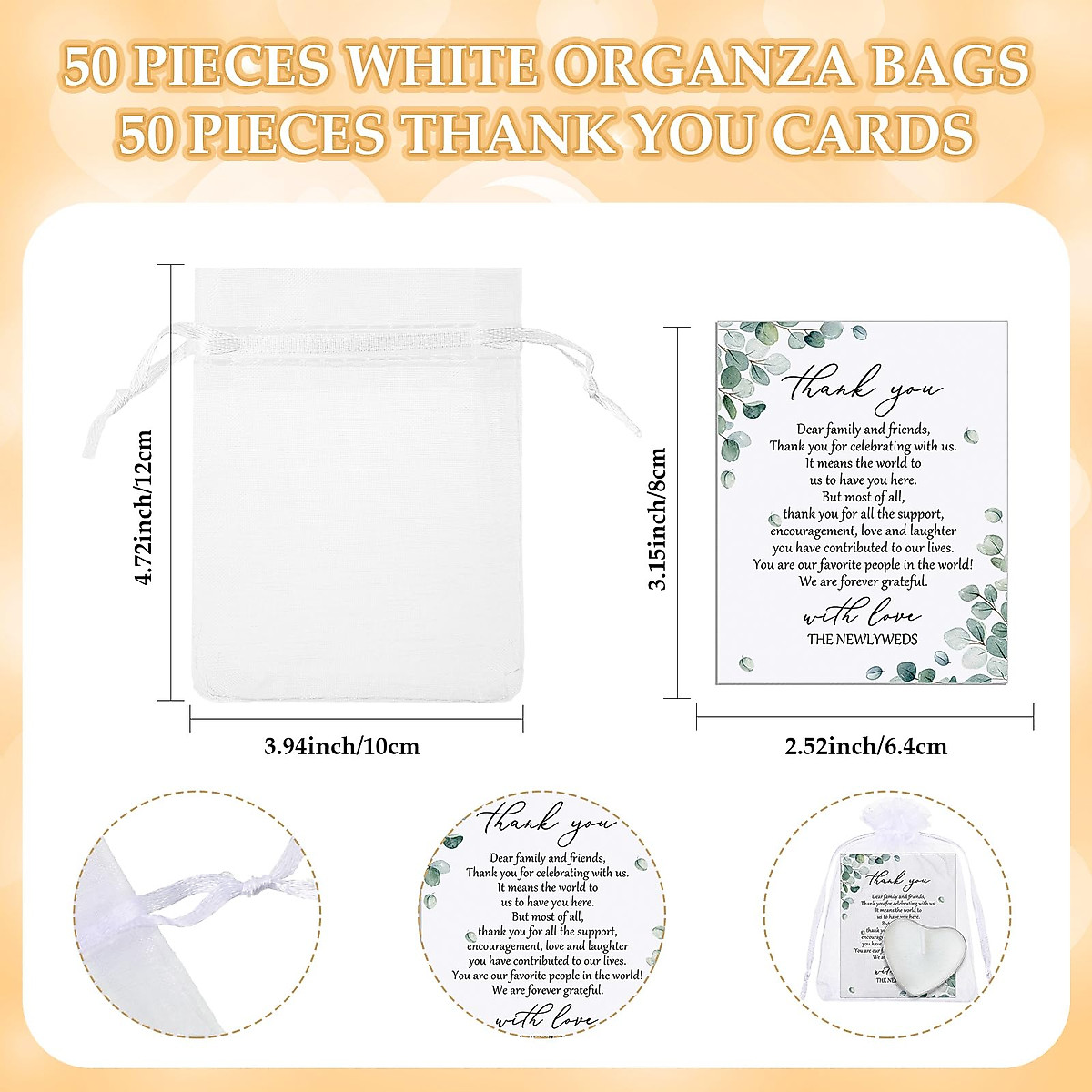 Threlaco 100 Sets Wedding Gifts for Guests Heart Shaped Candles Mini Candles Wedding Candle Gifts for Guests Thank You Cards and Organza Bags for Wedding Party Favors