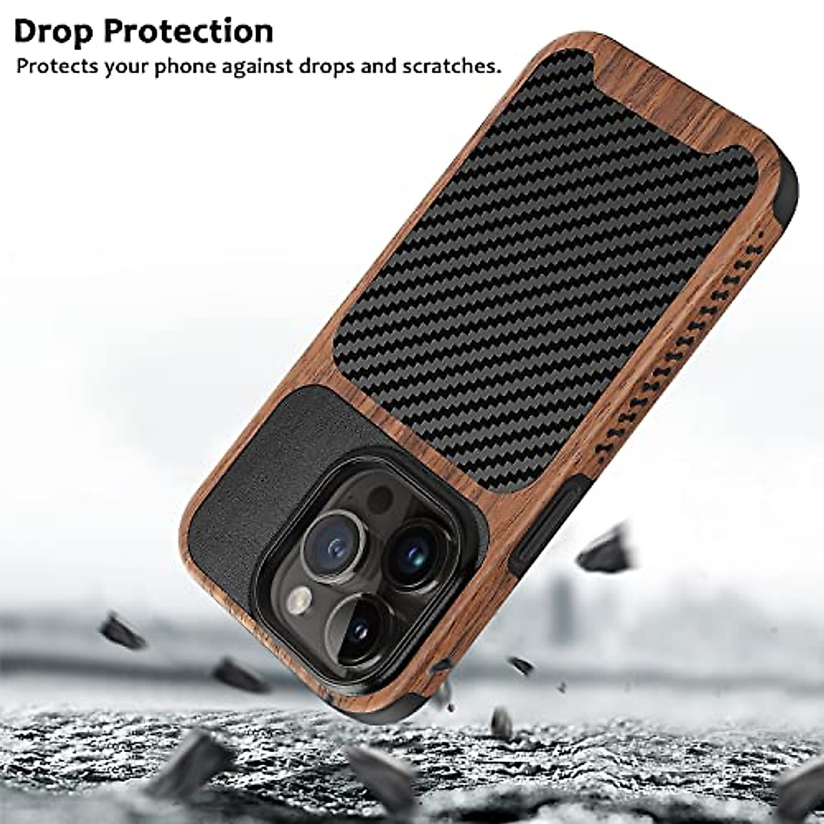 ZZDZZ Magnetic Case Compatible with iPhone 14 Pro Max Case [Compatible with MagSafe] Wood and Leather Carbon Fiber Design Hybrid Shockproof Phone Case (Black)