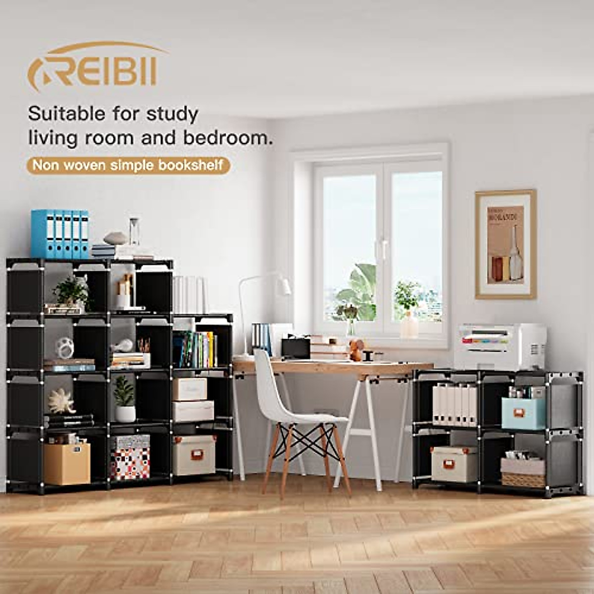 REIBII Bookshelf for Bedroom Book Shelf Organizer Bookcase Tall Book Case 18 Cube Storage Organizer Cube Shelf Black Cubby Storage Organizer Shelves for Bedroom Living Room Closet Office DIY