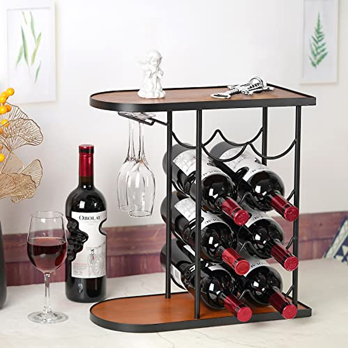 TRSPCWR Wine Rack for Countertop, Tabletop Wood Wine Holder with Glass Holder, Hold 8 Wine Bottles and 2 Glasses, Perfect for Home Decor & Kitchen Storage Rack