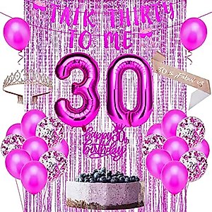 30th Birthday Decorations for Women, Hot Pink 30 Birthday Decorations for Her, Talk Thirty to Me Banner,Crown, Sash, Cake Topper and Number Balloon, 30th Birthday Party Supplies for Women