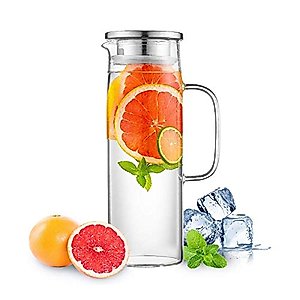 Hwagui - Heat Resistant Glass Pitcher with Stainless Steel Lid, Water Carafe with Handle, Good Beverage Pitcher for Homemade Juice and Iced Tea, 1000ml/34oz