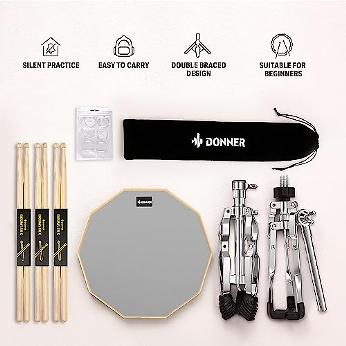 Donner Snare Drum Stand Set with Drum Practice Pad, 12'' Double-sided Silent Drum Pad set, Drumsticks, Backpack Adjustable Stand Fits 10''-14'' Dia Drums