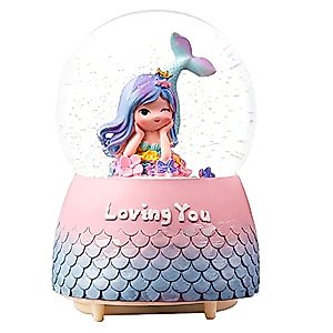 Mermaid Snow Globes for Kids,100MM Musical Snow Globes with LED Lights,Christmas Birthday Gift for Girls Age 8 9 10 11 12
