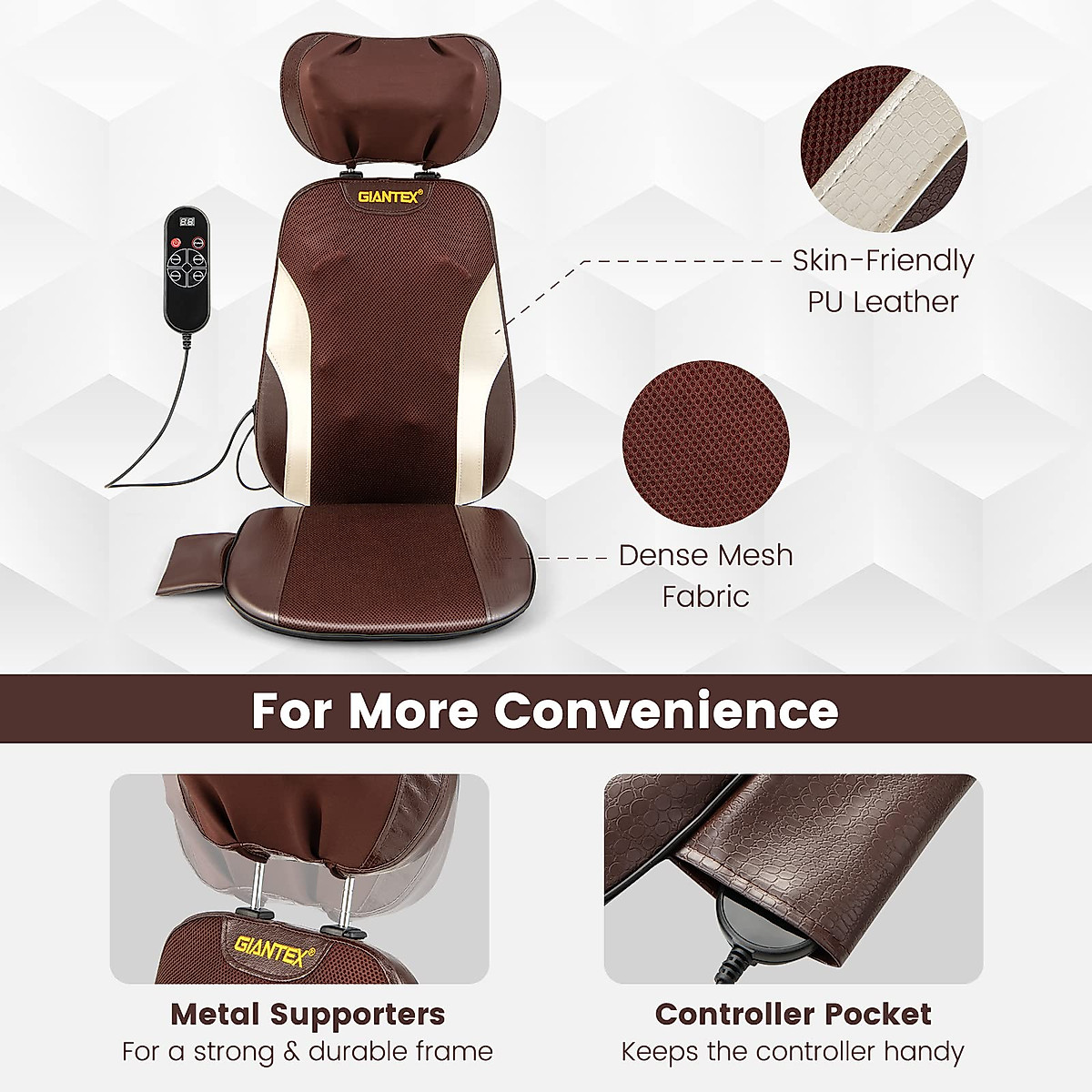 Giantex Back Massager Chair Pad - Chair Massager with Adjustable Neck Pillow, 3 Speeds & 3-Level Timer, Rolling Shiatsu Massager Seat Cushion for Shoulder, Neck, Back, Home Office Massage Seat, Brown