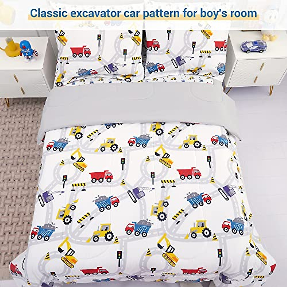 Viviland Full Comforter Set for Boys - Kids Brushed Microfiber Full Bedding Set - 7 Pieces Machine Washable Bed in A Bag with Soft Comforters, Sheet Set, Shams - Excavator Car Printed