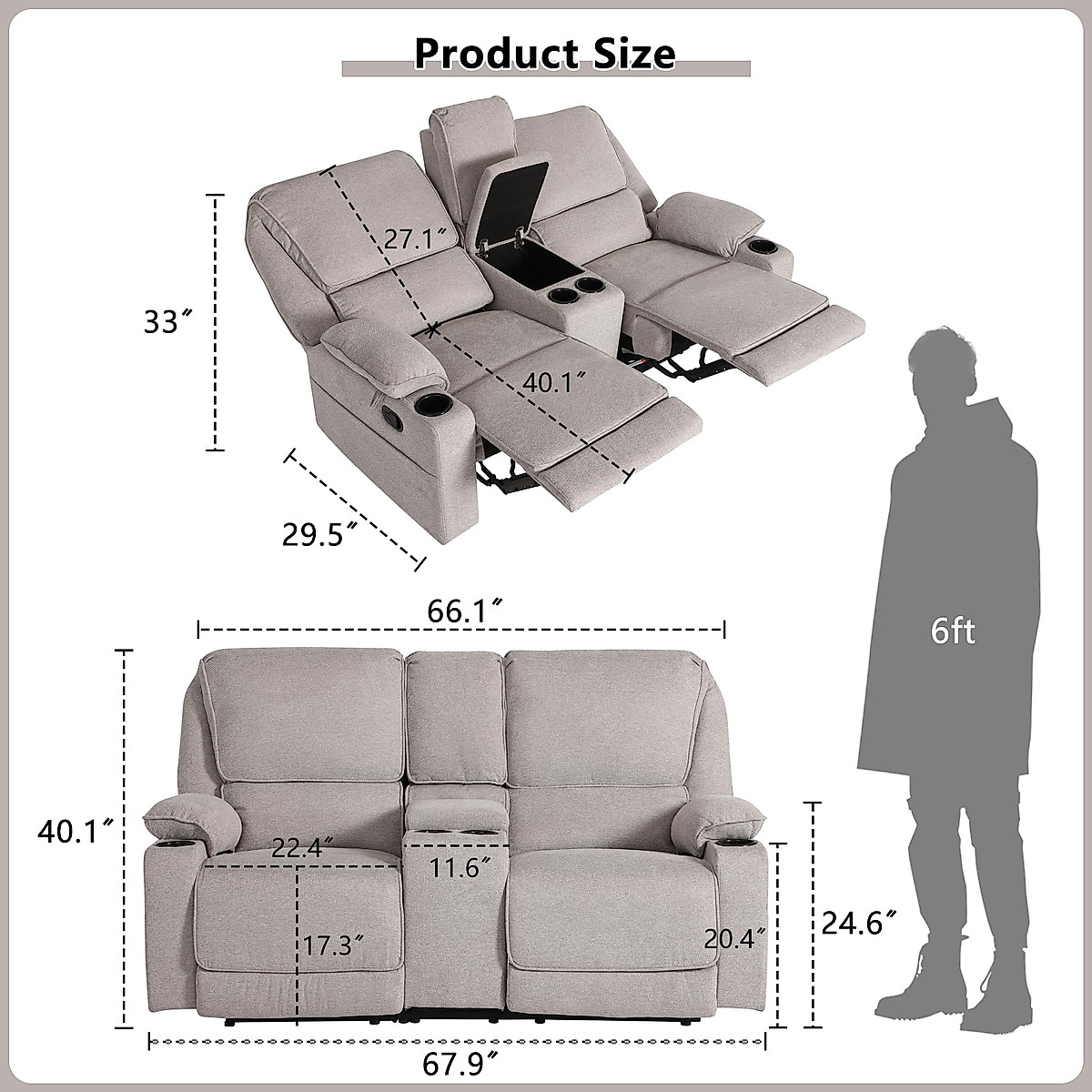 YOCONYO Loveseat Recliner, RV Reclining Loveseat, Home Theater Seating, Manual Loveseat with Console, 4 Cup Holders, 2-Seater Recliner Sofa, RV Furniture for Travel Trailers, Livingroom (Light Grey)