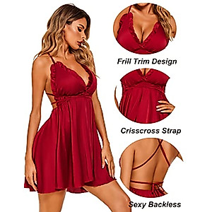 Avidlove Women Lingerie Satin Lace Nightgown Sexy Full Slips Sexy Silk Sleepwear Dress Wine Red