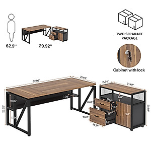 Tribesigns 63" L Shaped Desk with Drawer Cabinet, Executive Computer Desk and lateral File Cabinet, 2 Piece Home Office Furniture with Drawers for Hanging File, Doors with Locks (Brown, 63 inches)