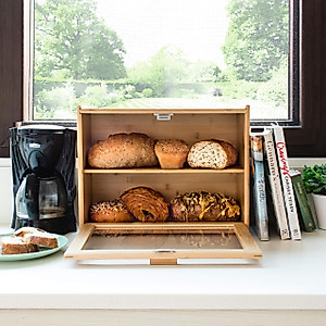 Laura's Green Kitchen Large Bread Box with Clear Front Window - Bamboo Wood - Farmhouse Style - Double Layer Storage Bin Holds 2 Loaves - Fully Assembled