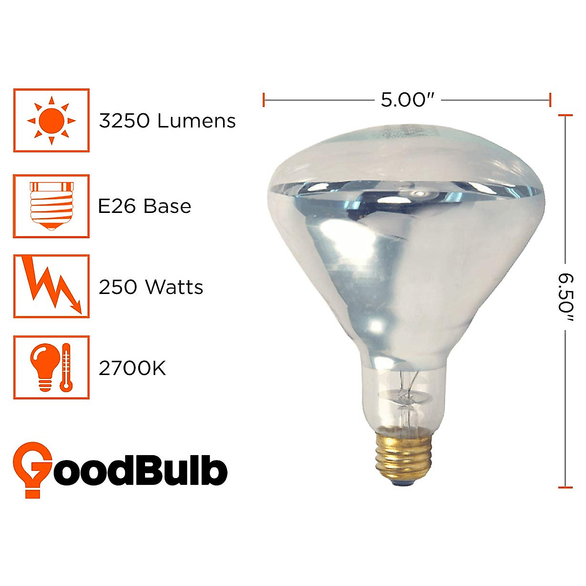 GoodBulb 25O-Watt Heat Lamp BR40 Light Bulbs | Incandescent Restaurant Bulb with E26 Medium Base | 2700K Warm White Light Color | 3250 Lumens (Pack of 10 Bulbs)