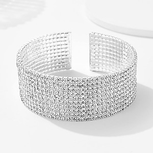 Ecesha Sparkly Silver Simple 10 Rows Rhinestone Crystal Cluster Wide Arm Cuff Bracelet Wedding Jewelry for Women Bridal Gift for Formal Prom Party