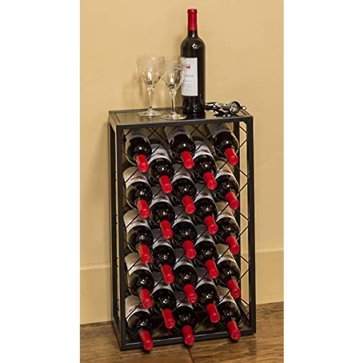 Mango Steam 23 Bottle Black Wine Rack with Glass Top Shelf, Free Standing for Home, Kitchen and Bar