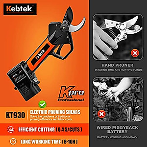 Kebtek Electric Pruning Shears Professional Cordless Pruning Shears for Gardening Battery Operated Pruning Shears with 2 PCS Rechargeable Battery 5000 Cut Single Charge 30mm (1.2") Cutting Diameter