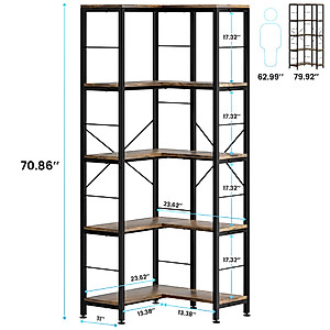 Gujiam 5-Tier Corner Bookshelf, 70.86" Tall Corner Bookcase,5-Shelf Industrial L-Shaped Coner Shelf with Metal Frame for Home Office,Living Room,Bed Room(Rustic Brown)