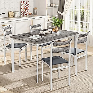 DKLGG Dining Table Set for 4, 43.3" Dining Room Table with 4 Upholstered PU Leather Chairs, Modern Wood Kitchen Table and Chairs Set, 5-Piece Dinette Set for Breakfast Nook, Small Places, Grey