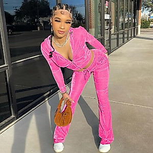 Womens 2 Piece Velour Hoodie Jogger Tracksuit Two Piece Outfits for Women, Long Sleeve Full-Zip Up Velvet Crop Tops Jacket Flared Pants Fall Lounge Matching Sets Sportswear Jogging Sweatsuit Pockets