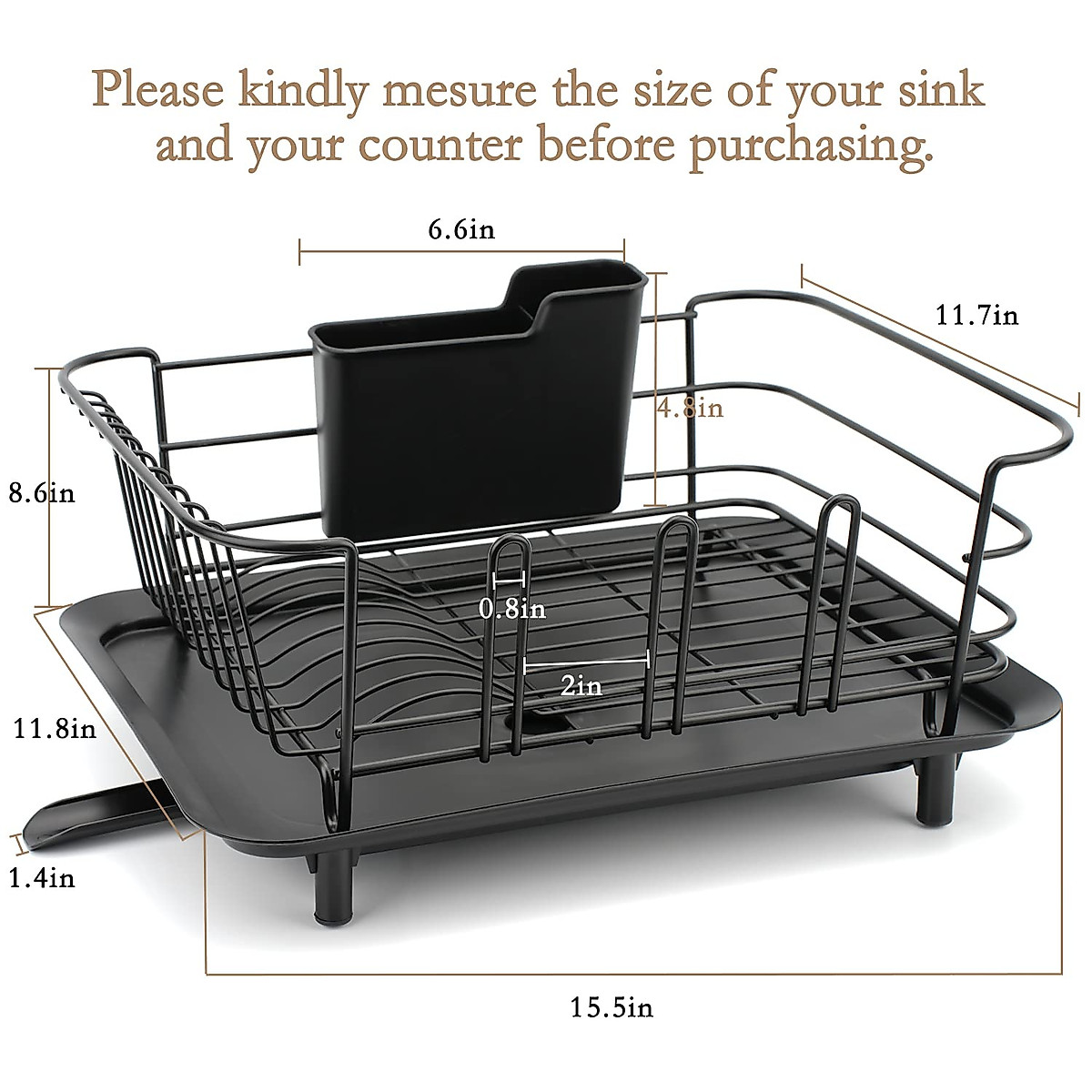 vizoe Dish Drying Rack 15''*11''*8'', Black Iron Dish Rack with Automatic Drainage, Removable Utensil Holder and Cup Holder, Drying Rack with Swivel Spout for Kitchen Inside Sink Counter Cabinet