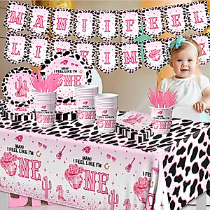 Western Cowgirl Birthday Party Decoration,142Pcs Pink Disco Cowgirl 1st Tableware Set I’m One Cowgirl Plates Napkins Cowgirl Tablecloth for My First Rodeo Let’s Go Cowgirl 1st Baby Shower Decoration