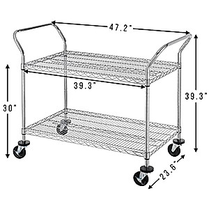 Finnhomy 2-Tier Commercial Grade Rolling Cart, Heavy Duty Utility Cart, Carts with Wheels and Double Side Handles, Kitchen Cart Trolley on Wheels, Metal Serving Cart with 600 lbs Capacity, NSF Listed