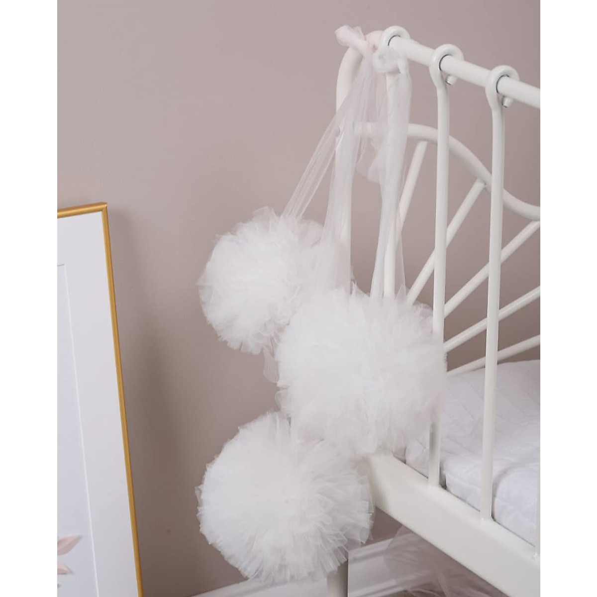 ADESIGNSTORE White Princess canopy with two tulle 9" pom poms set - Baby Crib Bed Mosquito net Reading Nook - Princess House Castle Bed Hanging Sheer Canopy 10 Layers
