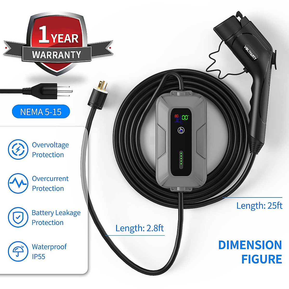 voltfanty Level 1&2 EV Charger, Electric Vehicle Portable Charger with 27.8FT Cable, Home EV Charging Station for J1772 Electric Cars, 16Amp 110V-240V, NEMA 6-20 & NEMA 5-15 Plug