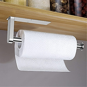 Paper Towel Holder - MUNNAR Stainless Steel Paper Towel Holder, Under Cabinet Paper Towel Rack, Self Adhesive or Drilling, Wall Mount Towel Paper Holder for Kitchen Sink Bathroom, with 4 Hooks