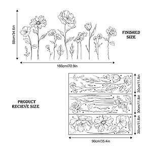 Large Black Boho Flower Wall Decals Simple Sketch Floral Wall Stickers Wildflower Peel and Stick Wall Art Decor for Girls Bedroom Living Room Office Adult Home Decor