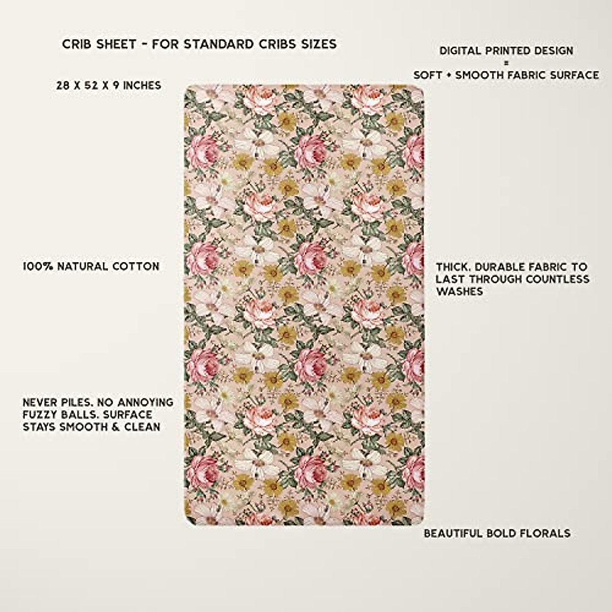 Fitted Crib Sheet - Garden Floral Pattern Design, Woven 100% Cotton (Rose Pink, Regular (28x52x9) in)