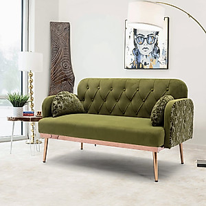 Anwickmak Twin Size Loveseat Accent Sofa Small Velvet Couch with Elegant Moon Shape 2 Pillows and Golden Metal Legs, for Living Room Bedroom Sofa with Tufted Backrest, (Green)
