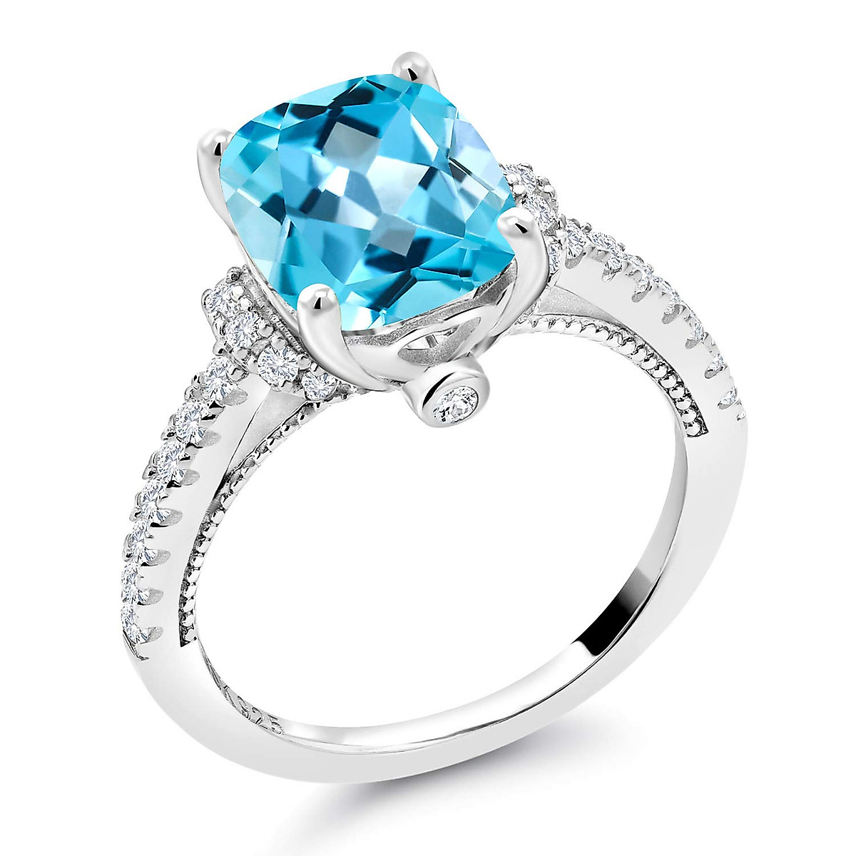 Gem Stone King 4.00 Cttw Swiss Blue Topaz and White Created Sapphire Engagement Ring For Women Set In 925 Sterling Silver | 10X8MM Cushion Cut | Available in size 5, 6, 7, 8, 9