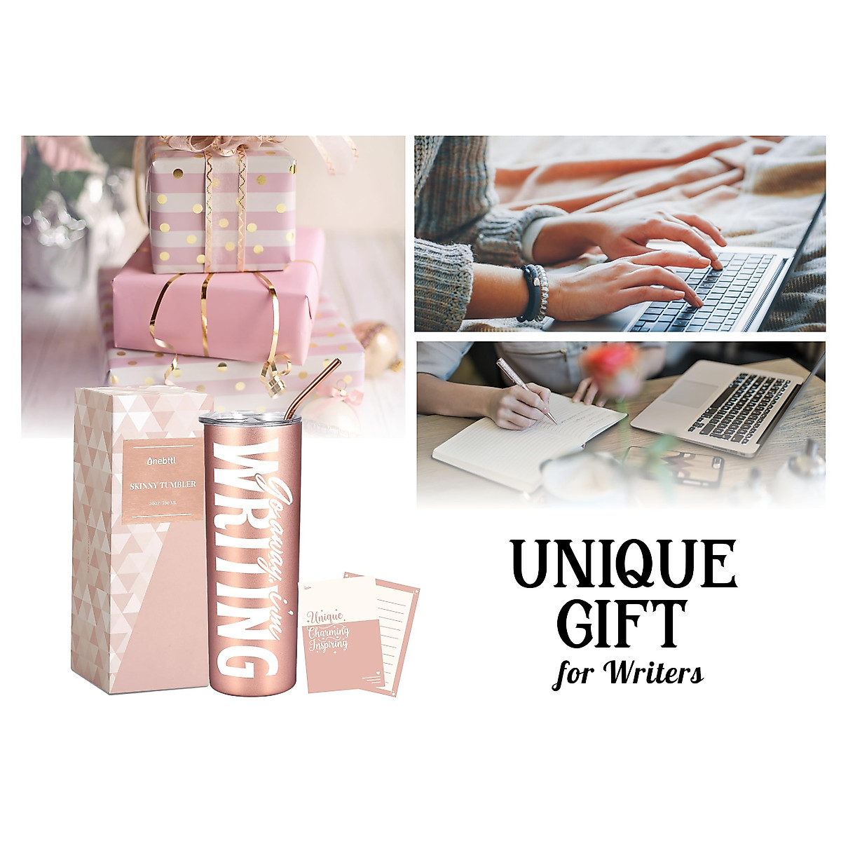 Onebttl Writer Gifts for Women - 20oz/590ml Skinny Stainless Steel Insulated Tumbler with Straw - Graduation/Birthday/Christmas Gift for Writers, Novelist, Scriptwriter - Go Away, Rosegold