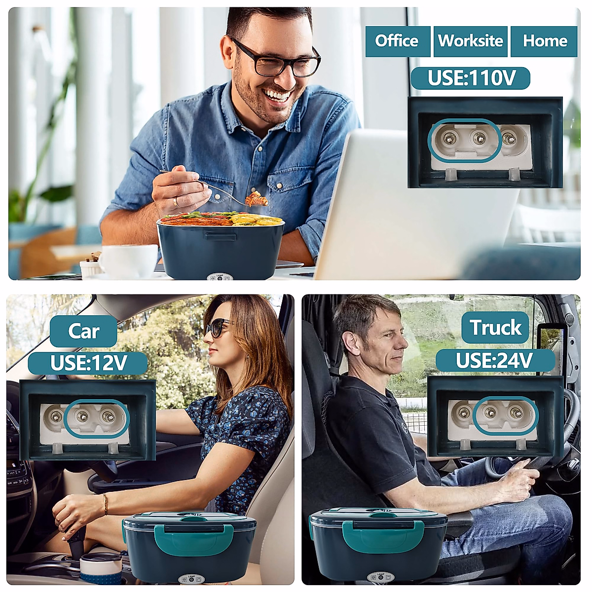 XSWPL Electric Lunch Box Heated Lunch Box 80W Electric Lunch Box for Adults 12/24/110V Lonchera Eléctrica 304 Stainless Portable Lunch Box Warmer for Office/Car/Truck(1.5L)