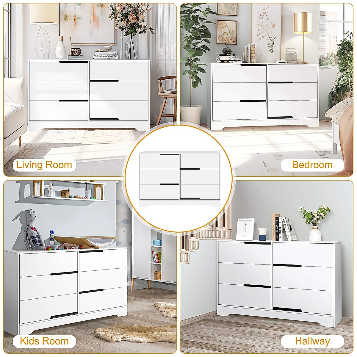 White Dresser for Bedroom with 6 Drawers, Double Dresser Chest of Drawers Kids Dresser Drawer Organizer for Nursery,Living Room,Closet, Entryway, Hallway