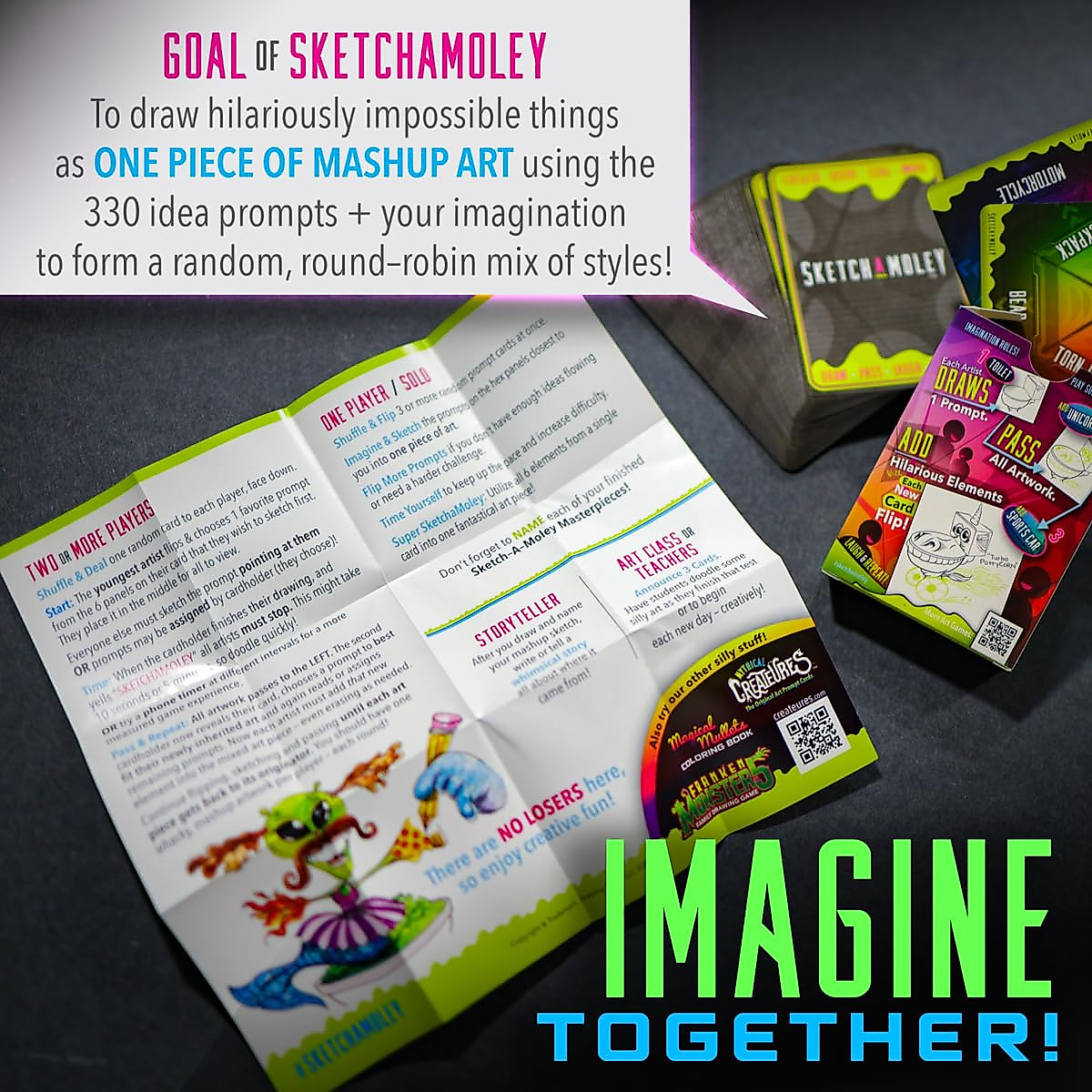 SketchaMoley Silly Family Drawing Game of Round Robin Art Mashups! 1-6+ Players. 55 Cards Travel Deck. Creative Stocking Stuffer Gifts for Kids Teens Artists Daily Art Prompts Ideas