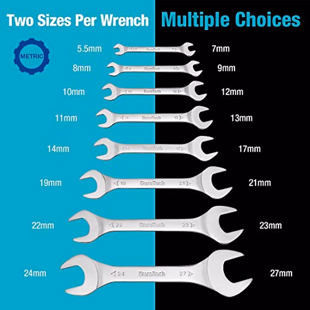 DURATECH Super-Thin Open End Wrench Set, Metric, 8-Piece, Including 5.5, 7, 8, 9, 10, 11, 12, 13, 14, 17, 19, 21, 22, 23, 24, 27 mm, Slim Spanner Wrench Set with Rolling Pouch