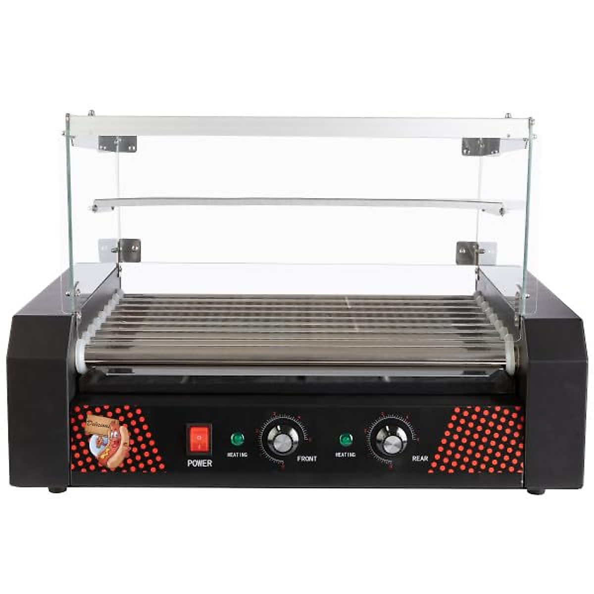 Hot Dog Roller - Stainless-Steel 9-Roller Hot Dog Machine with Bun Warmer and Cover - Hotdog Roller Grill for 24 Hot Dogs by Great Northern Popcorn