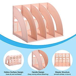 PATIKIL Magazine File Holder, Plastic Vertical 4 Compartment Desktop File Book Newspaper Notebook Storage Rack Bookshelf Folder Organizer for Office, Light Pink