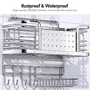 LIVOD Adhesive Shower Caddy with Soap Holder, Stainless Steel Shower Organizer with Hook, Wall Mount Rustproof Shower Shelf for Inside Shower, Polished SS