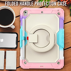SEYMAC stock Shockproof Case with Pencil Holder & Screen Protector [360 Ring Handle Stand] Tablet Case for iPad 9th/8th/7th Generation 10.2 inch (Colorful Pink)