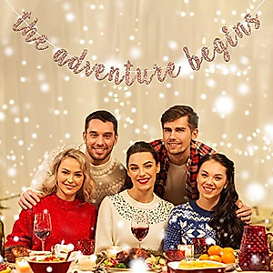 WeBenison The Adventure Begins Banner for Bridal Shower, Baby Shower, Engagement, Job Change, Farewell, Graduation Party Decorations Rose Gold Glitter Retirement Banner