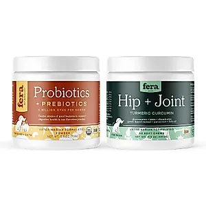 Fera Pets Probiotics and Hip & Joint Supplements for Dogs Bundle – All Natural Probiotics Powder with 5 Billion CFUs per Scoop – Joint Care and Health Support Chewy Dog Treats (90 Soft Chews)