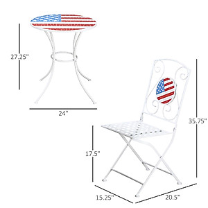 Outsunny 3 Piece Patio Bistro Set, Folding Outdoor Furniture with USA Mosaic Table and Chairs, Portable Metal Frames for 4th of July, Balcony, Backyard, Poolside, Porch, American Flag