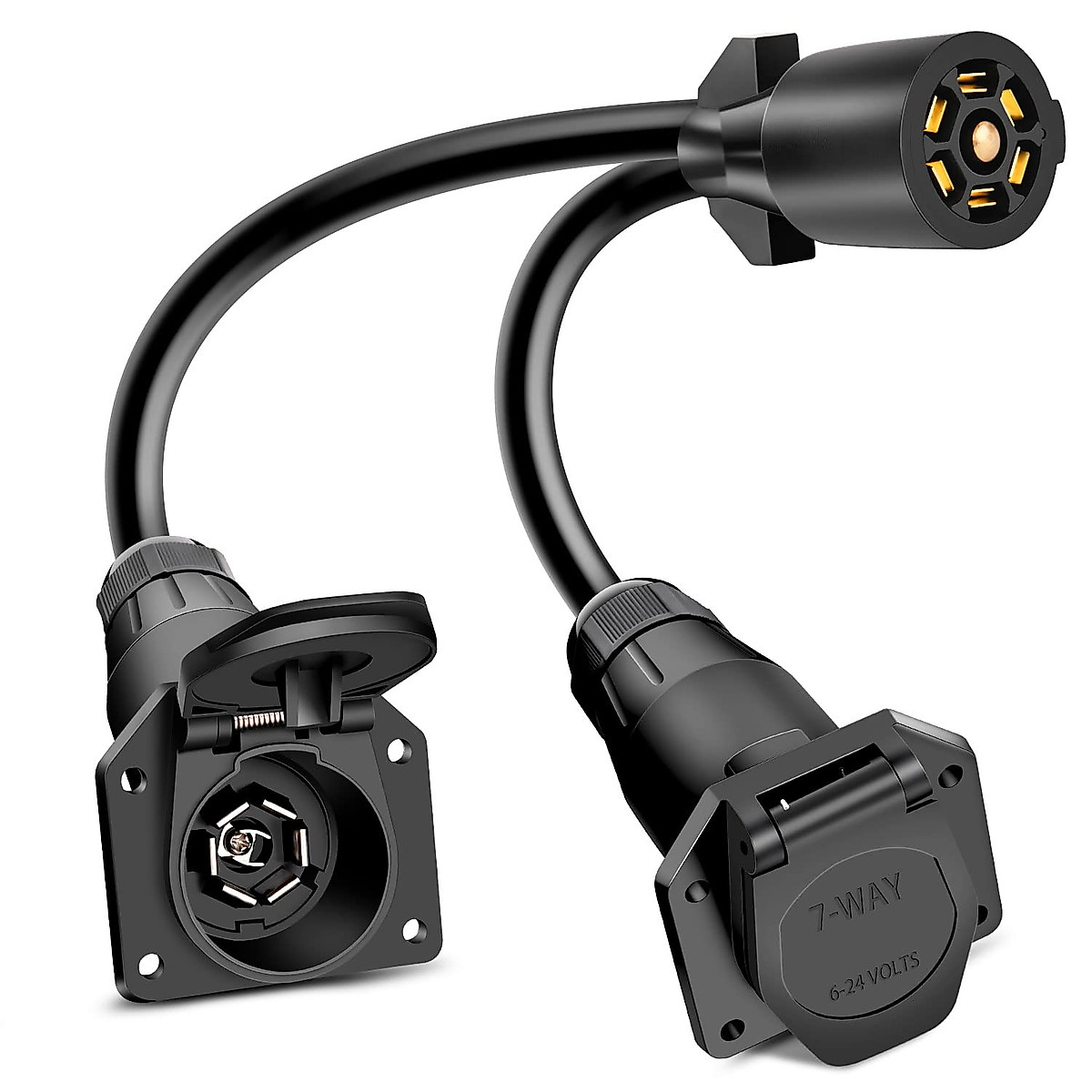 Nilight 7 Way Trailer Plug Y Pigtail Splitter Double Brasse 7 Pin Female to Dual Male Trailer Plug Round Blade Connector for Connecting Slide in Truck Camper and Trailer Y Splitter, 2 Years Warranty