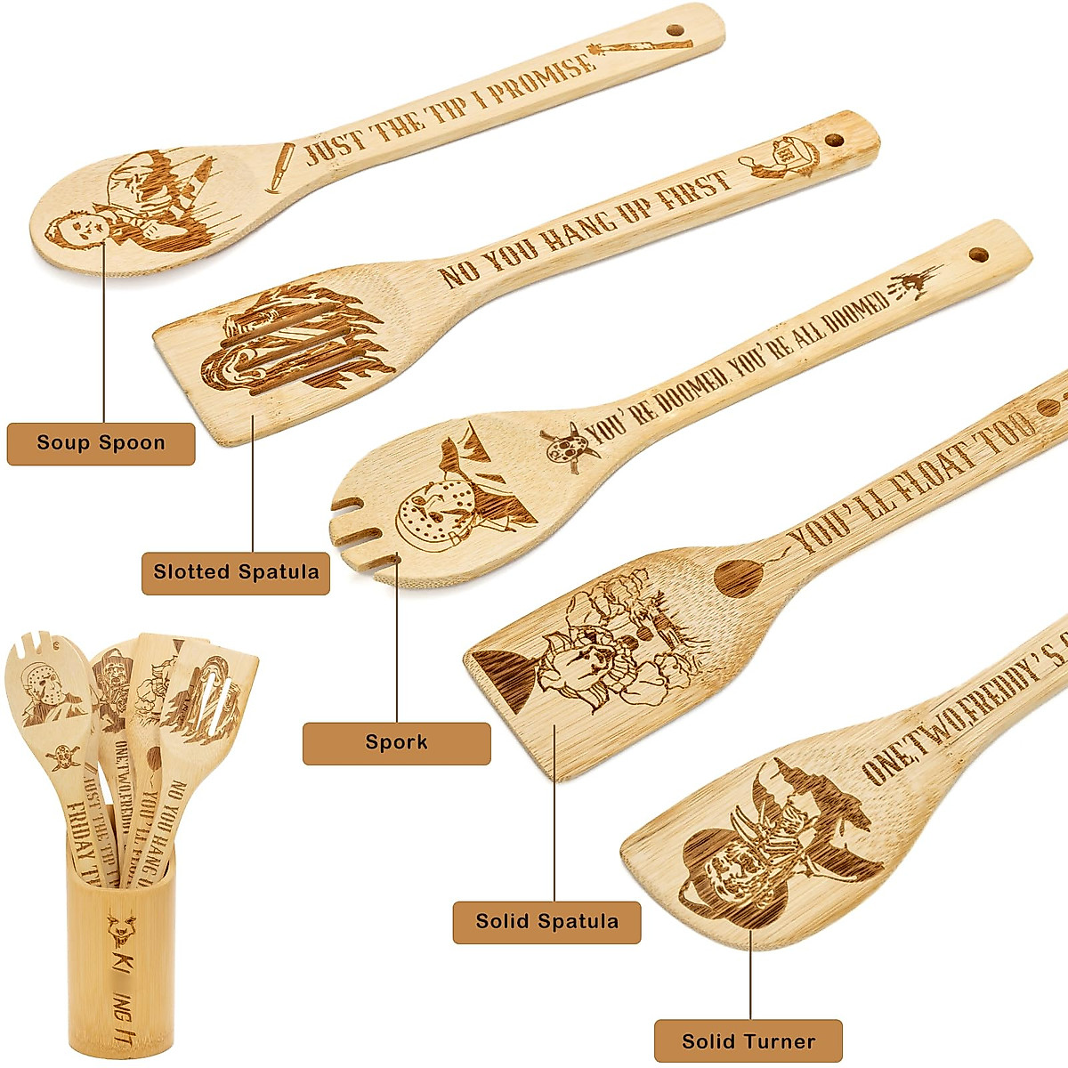 6Pcs Horror Movie Character Cooking Gift Set Wooden Spoons Utensils with Matching Holder - Halloween Movie Merchandise Laser Engraved Bamboo Spoons Set for Horror Movie Gifts, Horror Movie Party Decor