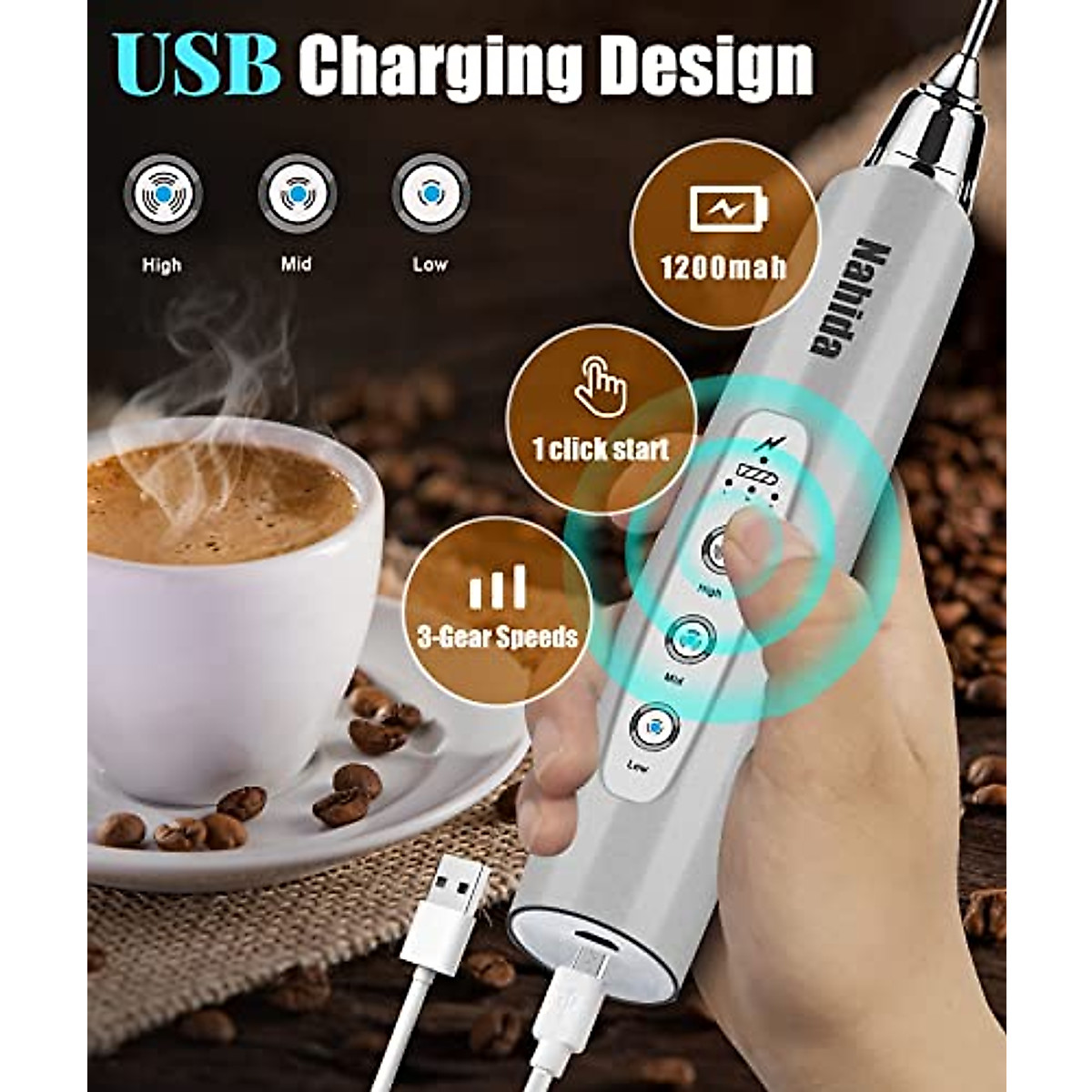 Nahida Handheld Milk Frother for Coffee with Stand， Rechargeable Drink Foam Mixer with 3 Heads 3 Speeds Electric Stirrers for Latte, Cappuccino, Hot Chocolate, Egg, Cord-Free