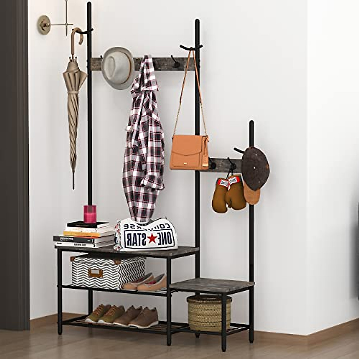 Parent-Child Hall Tree Coat Rack Shoe Bench Entryway Sturdy Shoe Rack Storage Shelf Organizer, 3-in-1 Functional Hall Tree Industrial Rustic Wood Metal Furniture for Entrance, Foyer, Mudroom