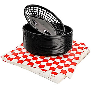 Kingrol 30 Black Oval Fast Food Baskets w/ 250 Checkered Deli Liners, 8.9 x 5.6 x 1.5 Inch Plastic Platter, Storage Basket Bin for Home, Office, School, Picnic