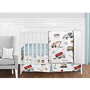 Sweet Jojo Designs Construction Truck Baby Boy Nursery Crib Bedding Set - 11 Pieces - Grey Yellow Orange Red and Blue Transportation Chevron Arrow