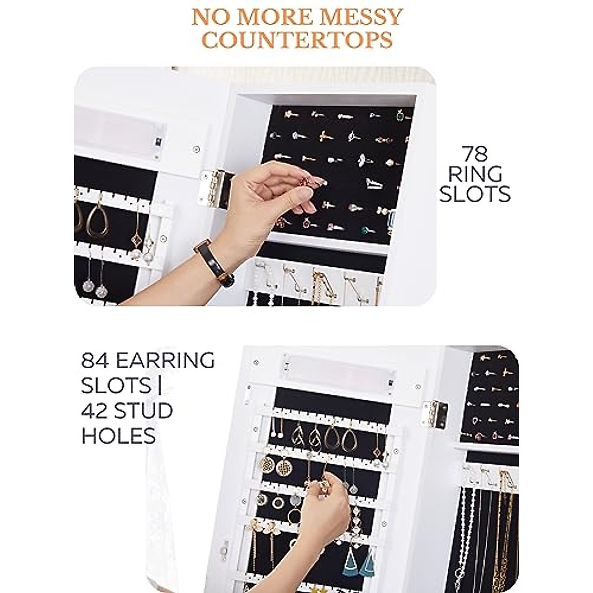 YOKUKINA LED Mirror Jewelry Cabinet Standing Armoire, Full Length Mirror with Jewelry Storage, Lockable Organizer, Wall Mount/Over the Door, White